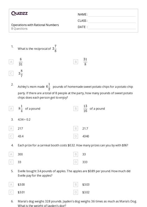 50 Operations With Rational Numbers Worksheets For 6th Year On Quizizz Free And Printable