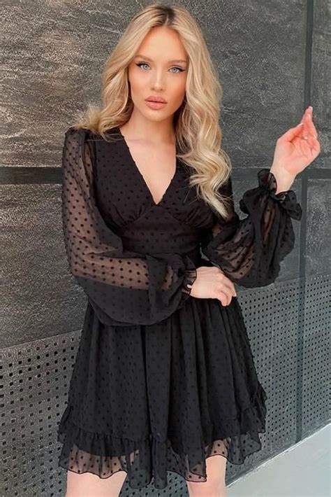 V Neck Lantern Sleeve Swiss Dot Mini Dress Xl Black 100polyester