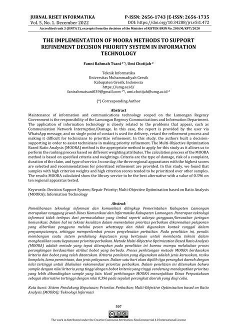 Pdf The Implementation Of Moora Methods To Support Refinement