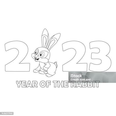 무색 만화 토끼와 숫자 2023 토끼를 2023 새해의 상징으로 삼은 색칠 공부를위한 흑백 템플릿 페이지 블랙 윤곽선 실루엣 토끼 아이들을위한 워크 시트 또는 인사말 카드