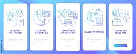 Becoming Web Designer Blue Gradient Onboarding Mobile App Screen Walkthrough 5 Steps Graphic