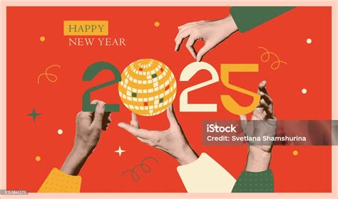 2025 새해 예술 콜라주 배너 하프톤 손이 디스코 볼을 들고 숫자를 잘라냅니다 트렌디 한 음소거 된 복고풍 벡터 일러스트 레이 션 2025년에 대한 스톡 벡터 아트 및