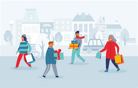 행복 문자 겨울 방학에 쇼핑입니다 도시 거리에 크리스마스 선물을 가진 사람들입니다 여자와 남자와 새 해에 쇼핑백 벡터 일러스트 레이 션 크리스마스에 대한 스톡 벡터 아트 및
