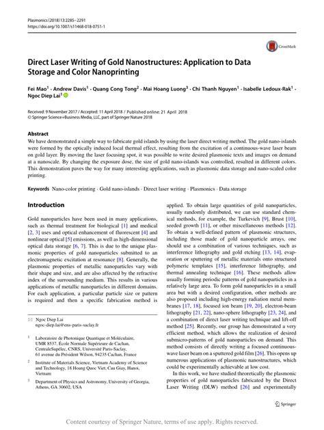 Direct Laser Writing Of Gold Nanostructures Application To Data Storage And Color Nanoprinting