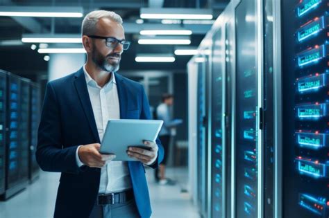 Premium Ai Image Data Center Engineer Young Man Holding Digital Tablet Standing By