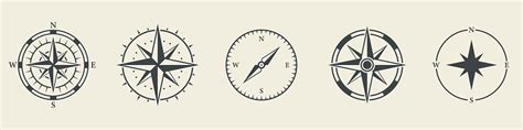모험 방향 화살표 노스 사우스 웨스트 이스트 오리엔테이션 네비게이터 현대 표지판 나침반 지도 실루엣 아이콘 세트 로즈 윈드 네비게이션 레트로 장비 픽토그램 격리된 벡터