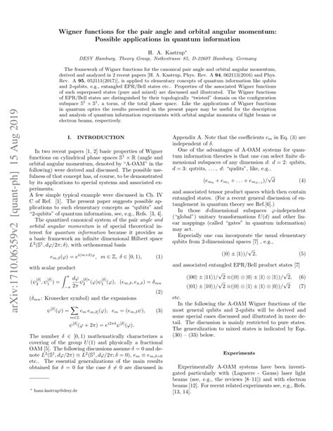 Pdf Wigner Functions For The Pair Angle And Orbital Angular Momentum Possible Applications In