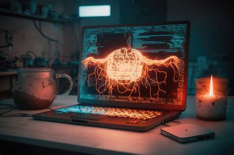 Ai Generated Hacker Laptop With Fire Binary Computer Code Internet And Network Security Stock