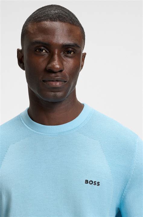 Boss Cotton Blend Sweater With Body Mapping And Contrast Logo Light Blue