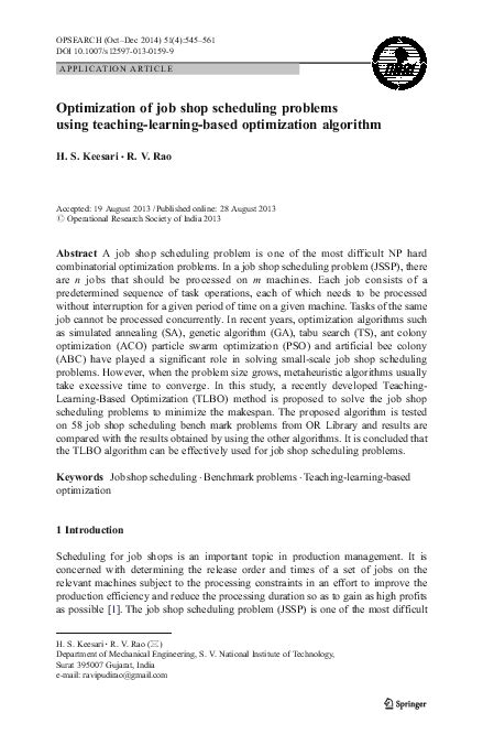 Pdf Optimization Of Job Shop Scheduling Problems Using Teaching Learning Based Optimization