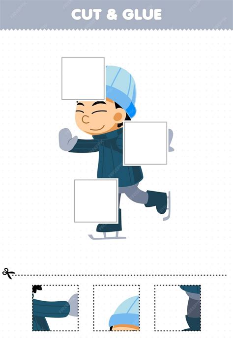 아이들을 위한 교육 게임은 아이스 스케이팅을 하는 귀여운 만화 소년의 부분을 잘라내고 접착제로 붙이고 인쇄 가능한 겨울