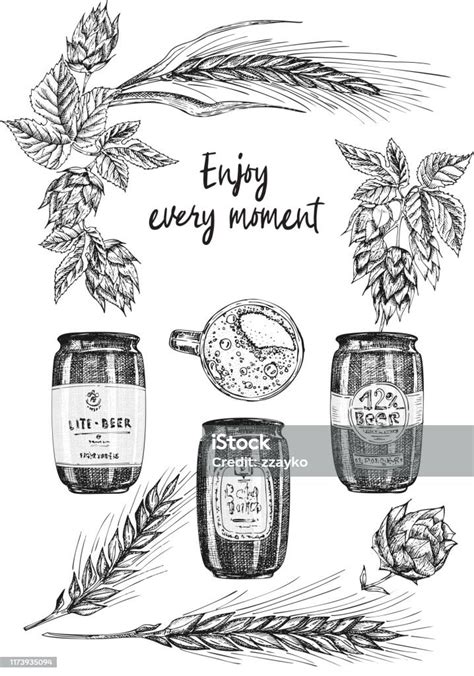 세트 손으로 그린 스케치 병 과 안경 맥주 홉 밀 빈티지 디자인 바 레스토랑 흰색 배경에 카페 메뉴 전단지 배너 포스터를위한 그래픽 벡터 아트 크리에이티브 템플릿 Ale에
