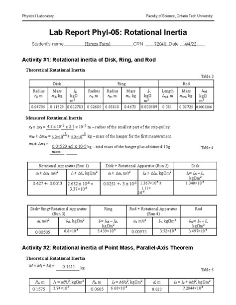 Lab Rotational Inertia Lab Report PhyI Rotational Inertia Babes Name Hamza Faisal CRN