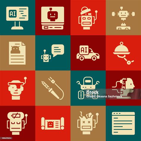 컴퓨터 Api 인터페이스 유지 보수용 로봇 웨이터 로봇 봇 기술 사양 소프트웨어 및 자율 스마트 자동차 아이콘을 설정합니다 벡터