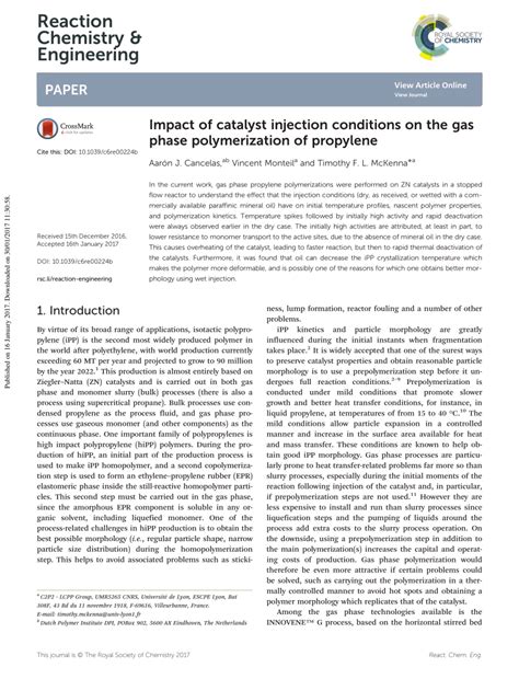 Pdf Impact Of Catalyst Injection Conditions In The Gas Phase Polymerization Of Propylene