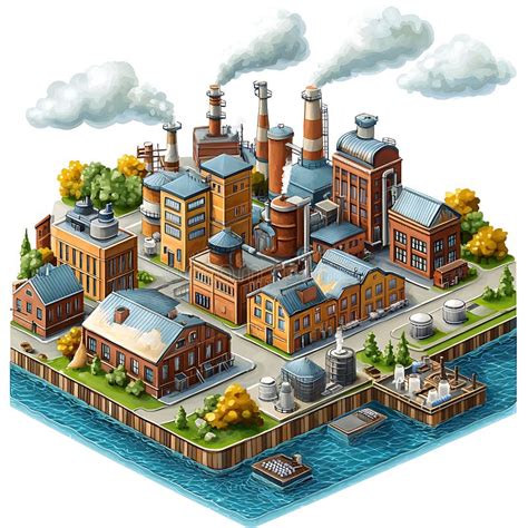 Isometric Illustration Of An Industrial Complex By The Water Stock Illustration Illustration