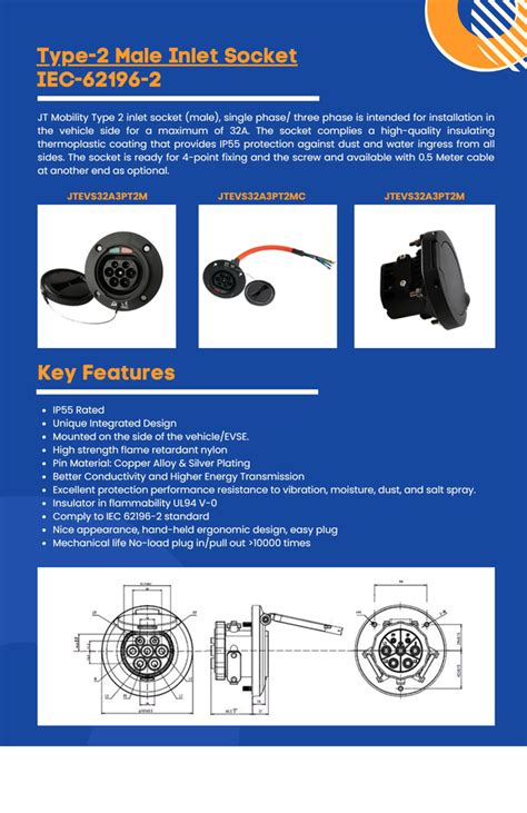 Type 2 Male Inlet Socket For Ev Iec 62196 Type2 Ac Inlet Socket Without