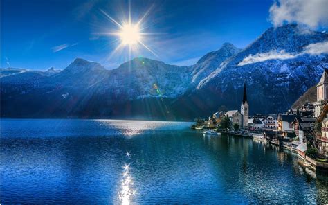 배경 화면 할슈타트 오스트리아 호수 마을 산 태양 광선 섬광 1920x1200 그림 이미지