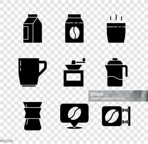 커피 원두 커피 컵 메이커 위에 붓기 위치 거리 간판 및 수동 분쇄기 아이콘의 가방을 설정합니다 벡터 가리기에 대한 스톡 벡터 아트 및 기타 이미지 Istock