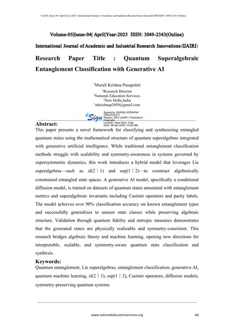 Pdf Research Paper Title Quantum Superalgebraic Entanglement Classification With Generative Ai