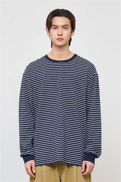 제너럴아이디어 Unisex 베이직 스트라이프 롱 슬리브 티 [navy]