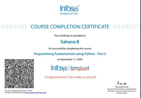 Python Programming Learning Careergrowth Infosysspringboard Certification Coding Sahana B