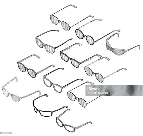 다양한 모양과 크기의 안경 컬렉션입니다 유리잔은 격자 모양으로 배열되어 있으며 일부는 서로 겹쳐져 있습니다 안경의 다양성과 다양성의 개념 개념에 대한 스톡 벡터 아트 및