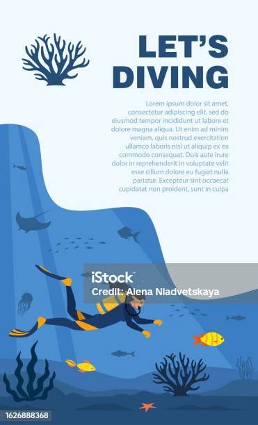 다이빙 장비를 갖춘 다이버가 바다에서 수영합니다 수중에 있는 남자와 함께 바다 풍경 배너입니다 산소 탱크와 지느러미가 있는