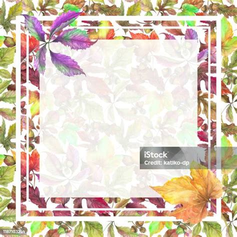 흰색 배경에 아름다운 단풍 원활한 테두리 텍스트의 공백이 있는 정사각형 프레임입니다 수채화 그림입니다 직물 벽지 침대 린넨 디자인 가을에 대한 스톡 벡터 아트 및 기타