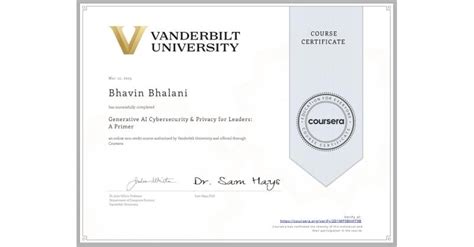 Completion Certificate For Generative Ai Cybersecurity And Privacy For Bhavin Bhalani