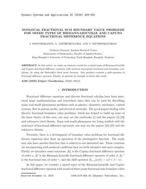 Pdf Nonlocal Fractional Sum Boundary Value Problems For Mixed Types Of Riemann Liouville And