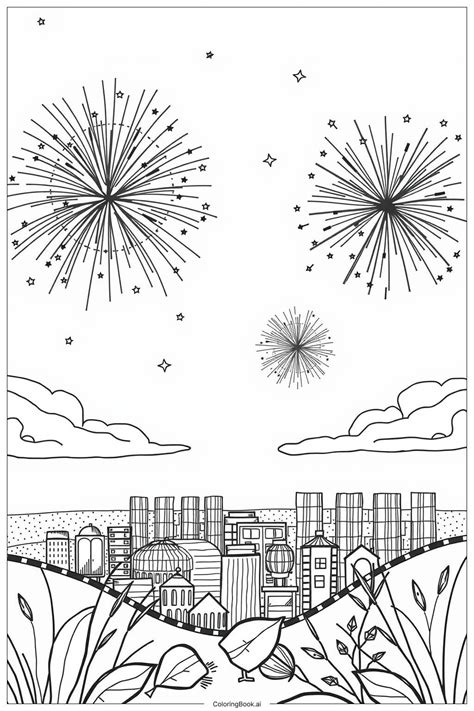 2025년 축하를 위한 화려한 불꽃놀이 색칠하기 페이지 무료 Pdfandpng 인쇄 가능