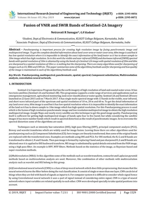 Irjet Fusion Of Vnir And Swir Bands Of Sentinel 2a Imagery Pdf