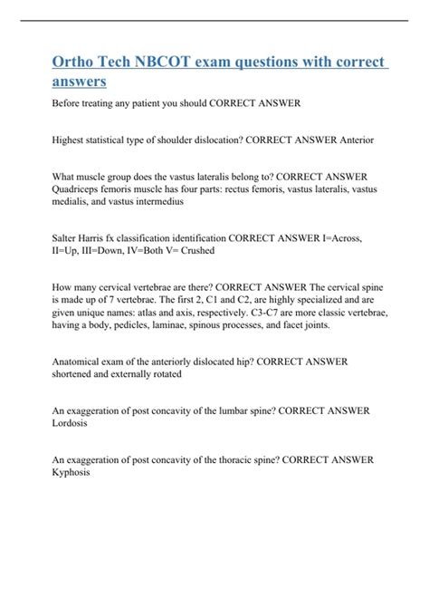 Ortho Tech Nbcot Exam Questions With Correct Answers Ortho Tech