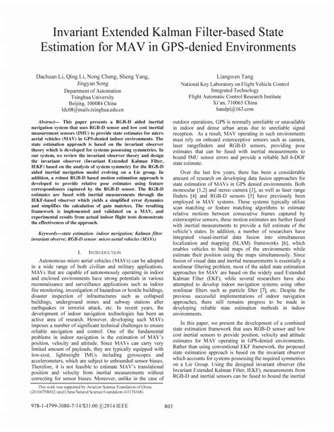 Pdf Invariant Extended Kalman Filter Based State Estimation For Mav In Gps Denied Environments