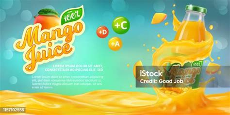 망고 주스의 3d 사실적인 광고와 수평 배너 스플래시 와 기호 중 망고 주스와 병 과일에 대한 스톡 벡터 아트 및 기타 이미지 과일 망고 포스터 Istock