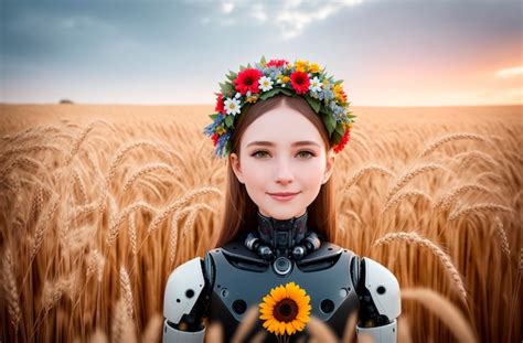 Premium Ai Image Portrait Of A Beautiful Android Girl In A Wreath Of Flowers In A Wheat Field