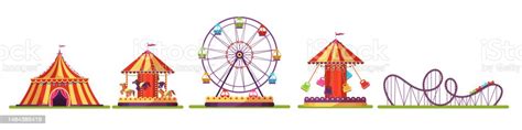 놀이공원 세트 귀여운 관람차 공정한 서커스 텐트 회전목마는 회전목마를 돌고 있습니다 관람차에 대한 스톡 벡터 아트 및 기타 이미지 관람차 Carnival