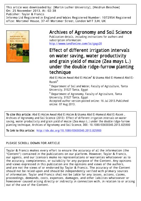 Pdf Effect Of Different Irrigation Intervals On Water Saving Water Productivity And Grain