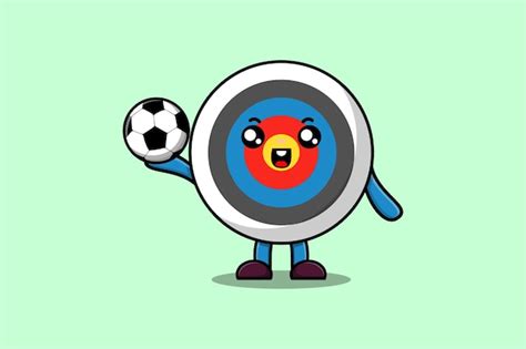 플랫 만화 스타일 일러스트에서 축구를 하는 귀여운 만화 양궁 대상 캐릭터 프리미엄 벡터