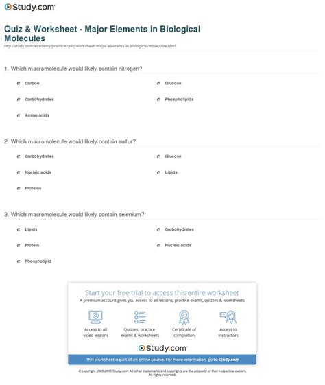 Biological Molecules Worksheet — Db