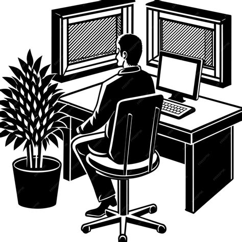 Premium Vector A Man Sits At A Desk In Front Of A Computer Monitor