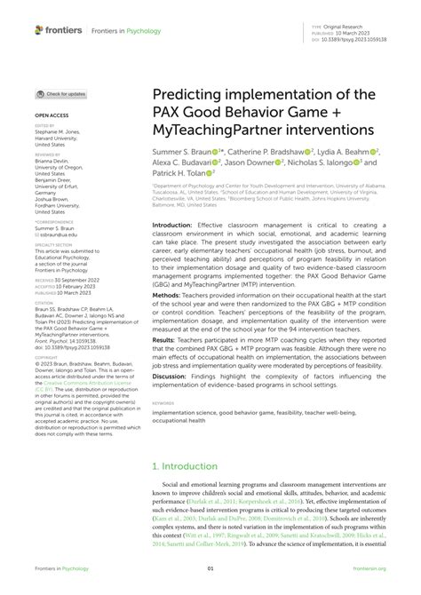 Pdf Predicting Implementation Of The Pax Good Behavior Game Myteachingpartner Interventions