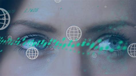 Animation Of Data Processing And Multiple Globe Icons Floating Against Close Up Of Female Eyes
