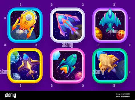 Cartoon Space Game App Icons With Starships Vector Set Ui Or Gui Menu Elements For Application