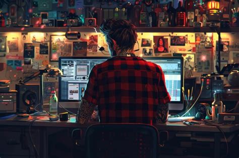 Programmer Working At A Cluttered Desk With Multiple Monitors Representing Dedication And Focus