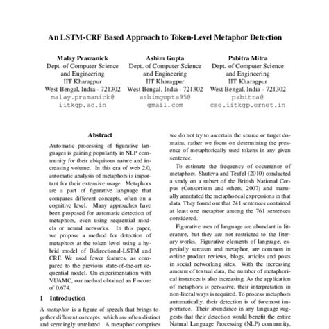 An Lstm Crf Based Approach To Token Level Metaphor Detection Acl