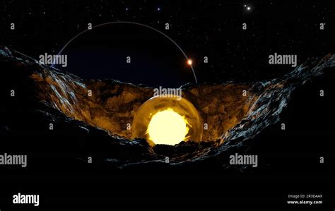 Glowing Sphere Orb In Pit Crater Cosmic Landscape Starry Sky Above