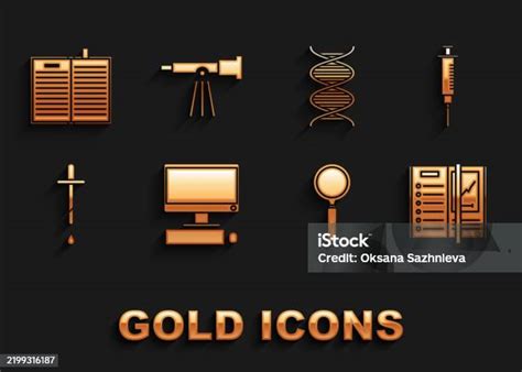 키보드와 마우스가 있는 컴퓨터 모니터 주사기 노트북 돋보기 피펫 Dna 기호 열린 과학 및 망원경 아이콘을 설정합니다 벡터 0명에 대한 스톡 벡터 아트 및 기타 이미지