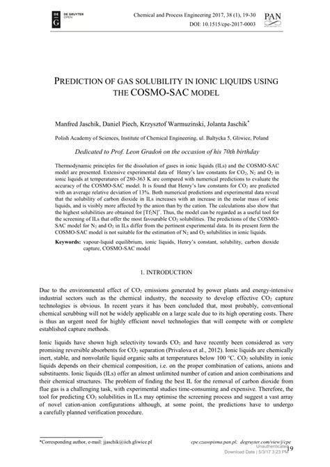 Pdf Prediction Of Gas Solubility In Ionic Liquids Using The Cosmo Sac Model